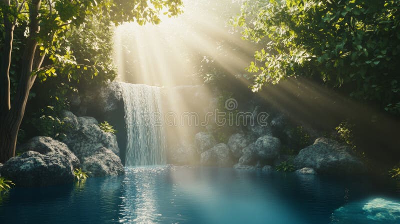 A Sunlit Pool with a Waterfall in Its Center, Bordered by Trees and ...