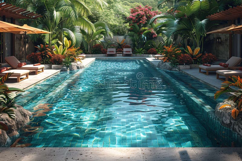 Sunlit Poolside Scene with Clear Water. Stock Illustration ...