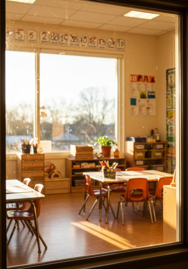 Sunlit Preschool Classroom Interior with Orange Chairs Stock ...