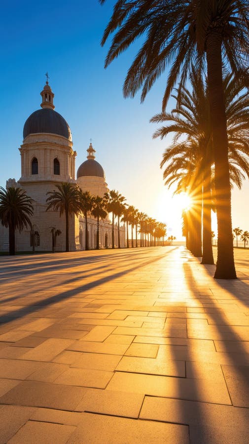 Sunlit Promenade with Palm Trees and Historic Domes at Sunset Stock ...
