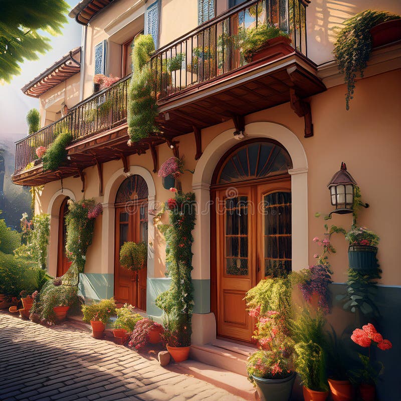Sunlit Quaint Villa with Lush Greenery and Flowers Stock Illustration ...