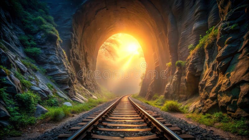 Sunlit Railroad Tracks Emerging from a Majestic Rock Tunnel. Generative ...