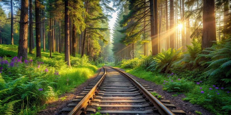 Sunlit Railroad Tracks Winding through a Lush Green Forest. Generative AI Stock Illustration ...