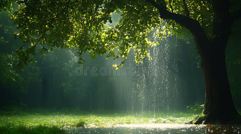 Sunlit Rain Falling on Park Grass Under Tree Stock Illustration ...