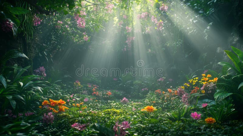 Sunlit Rainforest Flowers stock illustration. Illustration of sunlight ...