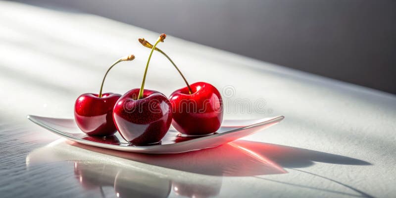 Sunlit Red Cherries on a Modern Dish a Still Life of Summer Fruit ...