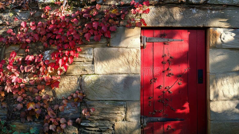 Sunlit Red Doorway Surrounded by Lush Vines on a Stone Wall Stock Image ...