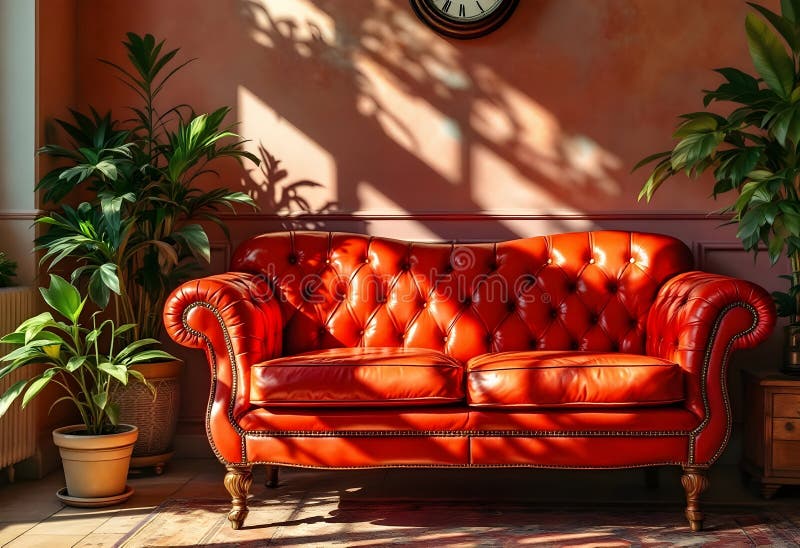 Sunlit Red Leather Chesterfield Sofa in Elegant Interior Stock ...