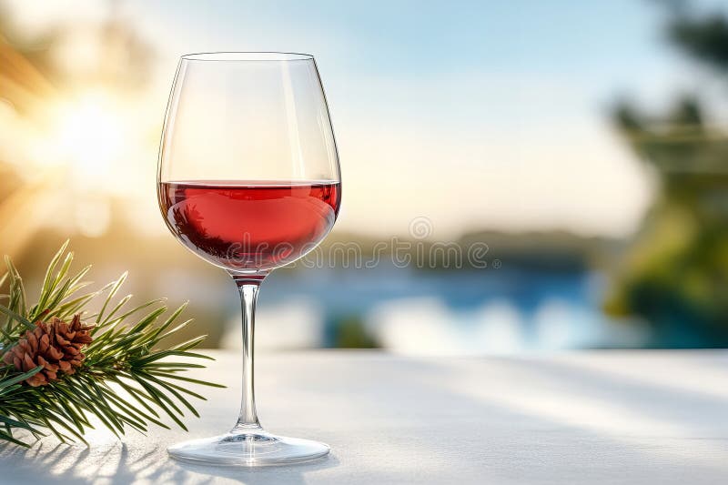 Sunlit Red Wine Glass with Pine Cone and Foliage on White Surface Stock ...