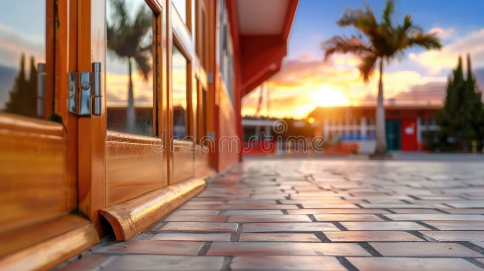 Sunlit Reflection on Glass Doors and Brick Tiles in Tropical Setting ...
