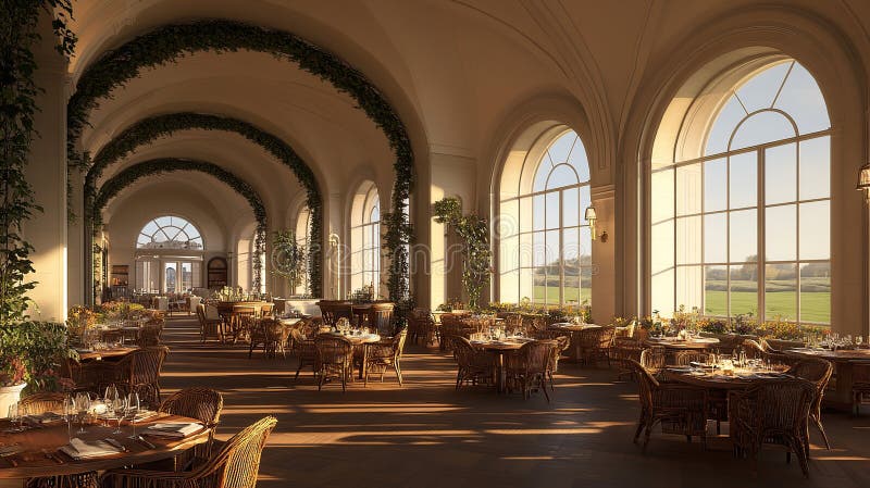 Sunlit Restaurant, Arched Hall, Garden View, Luxury Dining Stock ...