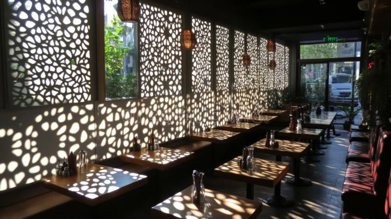 Sunlit Restaurant Interior with Intricate Latticework Windows Stock ...