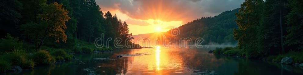 Sunlit River Cuts through Shadowed Forest, Heavy Clouds Overhead ...