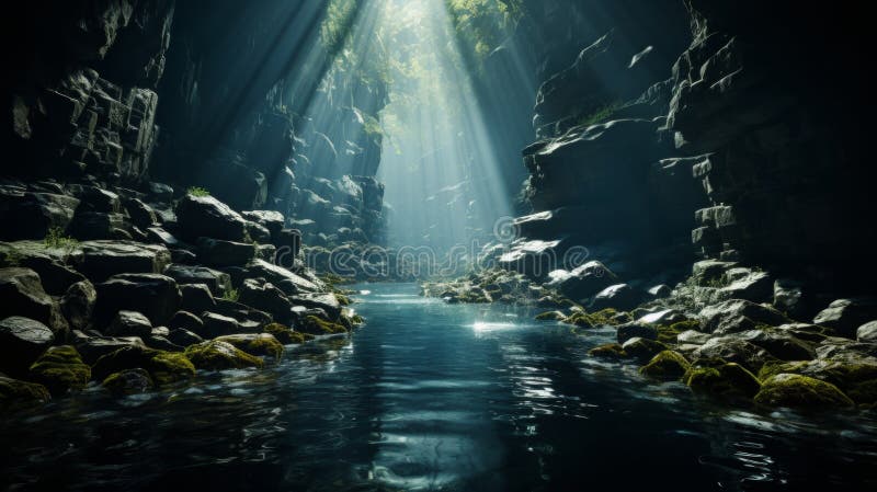 Sunlit River Flowing through Beautiful Cave Formations with Rays of ...