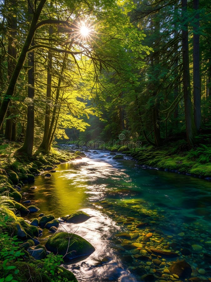 Sunlit River Flowing through a Lush Forest Stock Image - Image of tree ...