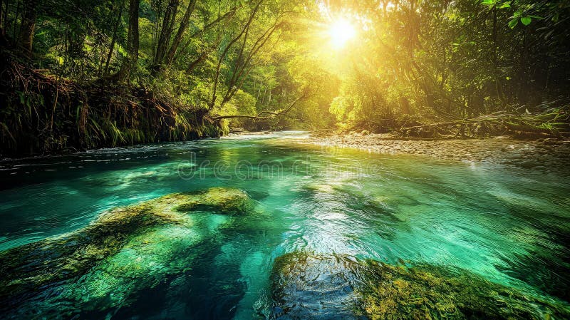 Sunlit River Flows through Lush Green Forest Stock Photo - Image of ...