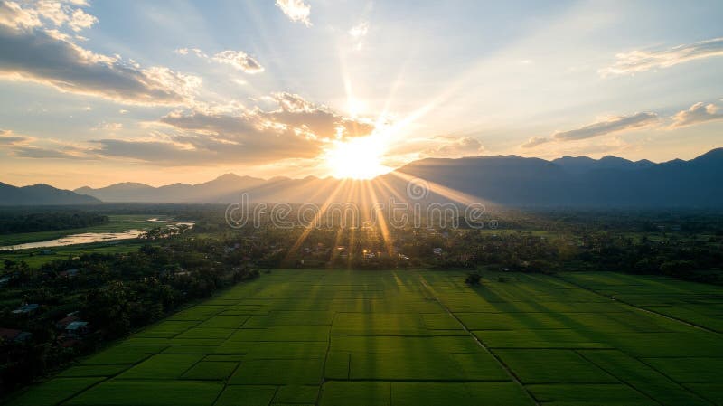 The Sunlit River Valley is Surrounded by Lush Green Mountains and Rice ...