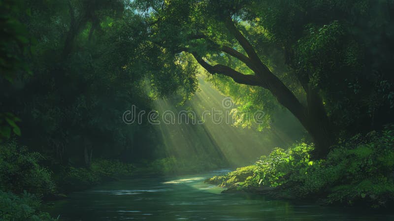Sunlit River Winding through Dense Forest Landscape for Nature Decor ...