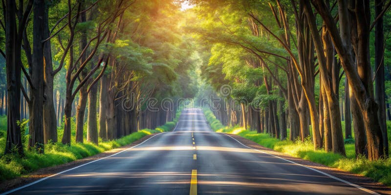 Sunlit Roadway through Lush Green Tree Tunnel a Scenic Summer Drive ...