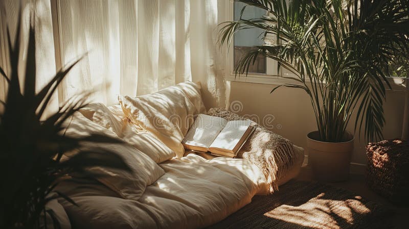 Sunlit Room with Comfy Couch, Open Book, and Plants Stock Image - Image ...