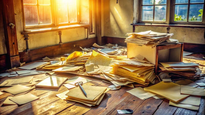 Sunlit Room Filled with Stacks of Discarded Papers and Documents ...