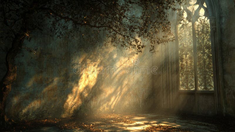 Sunlit Room in a Gothic Building with a Large Window and Tree Branches ...