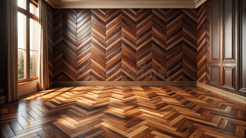 Sunlit Room with Herringbone Wood Walls and Floor. Generative AI Stock Illustration ...