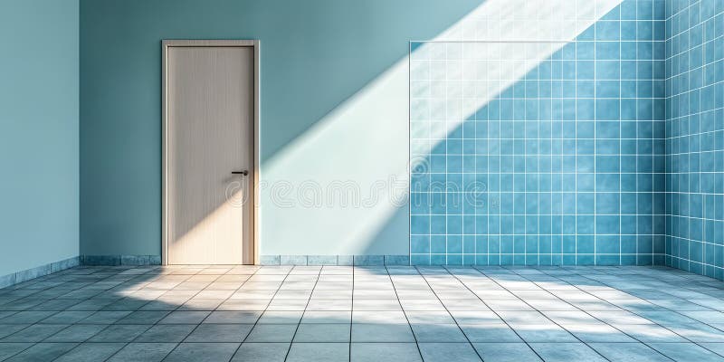 Sunlit Room Interior Light Blue Walls Tile Floor Door Stock ...