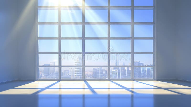 Sunlit Room with Large Grid Window Overlooking Skyline Stock ...