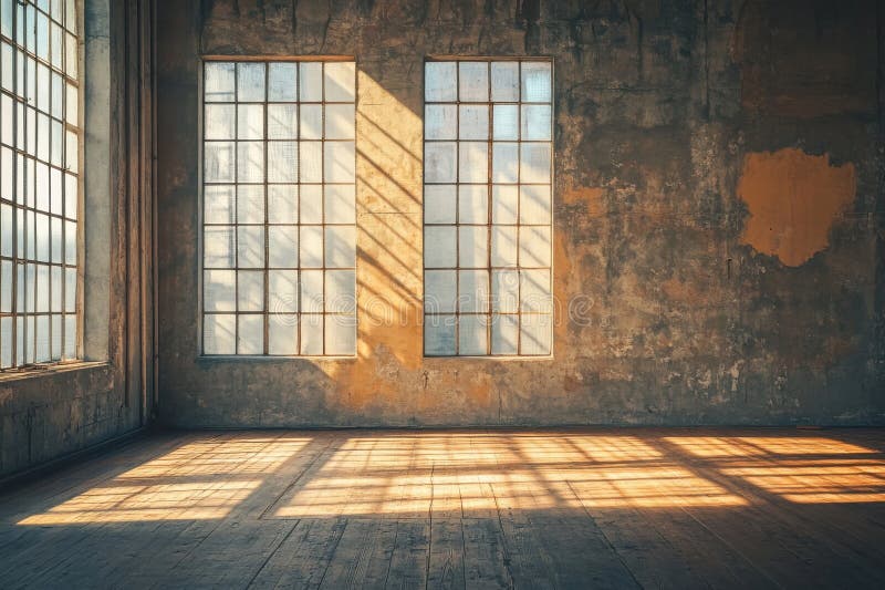 Sunlit Room with Large Industrial Windows and Rustic Wooden Flooring ...