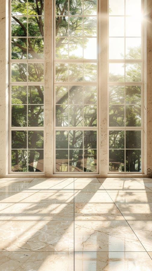 Sunlit Room with Large Windows and Green Trees Outside, Peaceful ...
