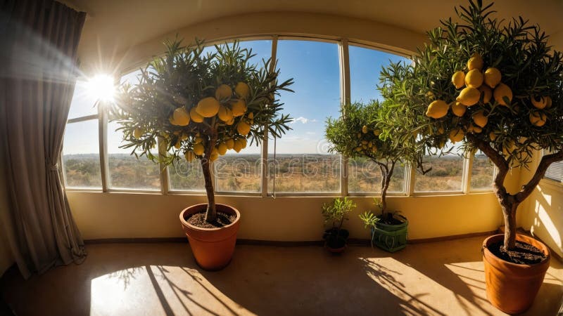 Sunlit Lemon Trees in a Room with a Panoramic View Stock Illustration ...