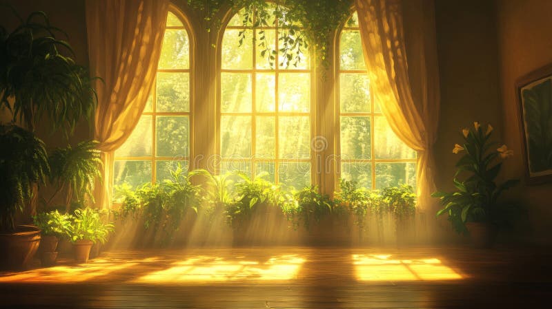 Sunlit Room with Lush Greenery and Golden Light Streaming through Arch ...