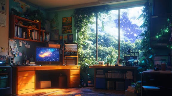 Sunlit Room with Overgrown Window and Computer Desk Stock Illustration ...