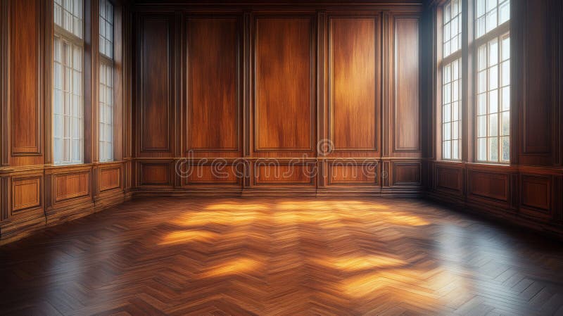 Sunlit Room with Rich Wood Paneling and Large Windows Stock ...