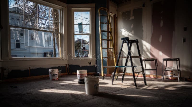 Sunlit Room Under Renovation with Ladders and Paint Buckets Stock ...