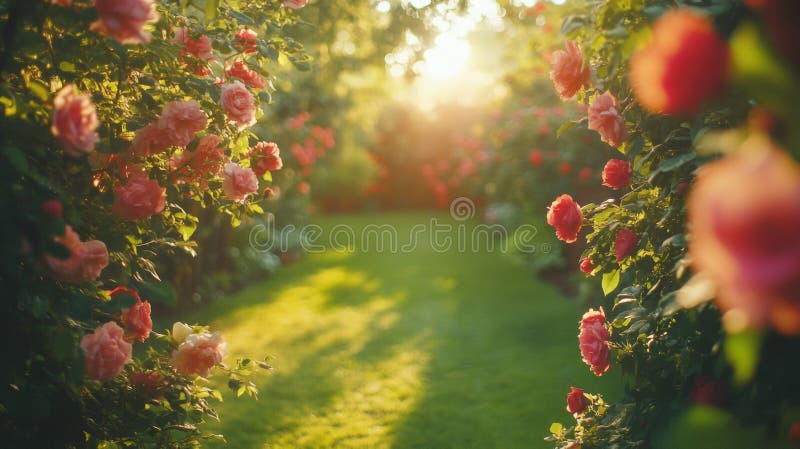Sunlit Rose Garden Path stock illustration. Illustration of pretty ...