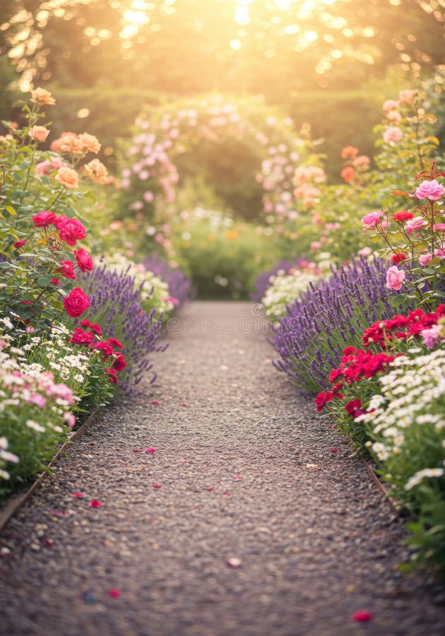 Sunlit Rose Garden Path with Lavender Stock Illustration - Illustration ...
