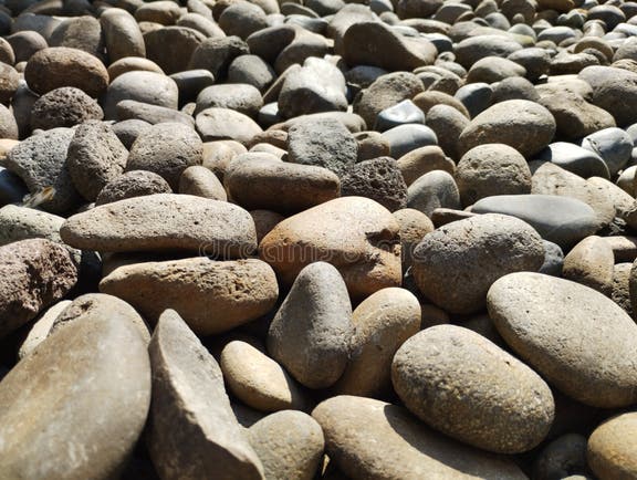 Sunlit Round Pebble Rocks, Textures are Evident, Shadows Create ...