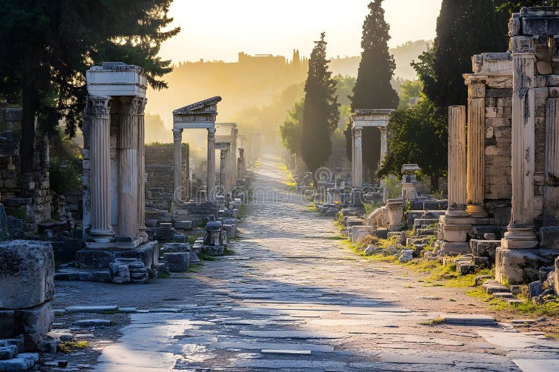 Sunlit Ruins of an Ancient Roman Pathway at Dawn Stock Photo - Image of ...