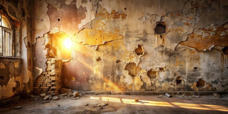 Sunlit Ruins a Decrepit Interior with a Wall Showing Extensive ...