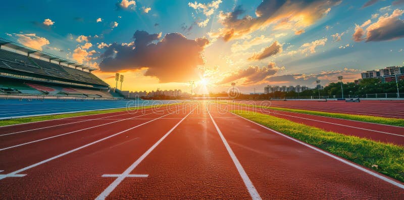 Sunlit Running Track in Stadium, Athletics, Track and Field, Stadium ...