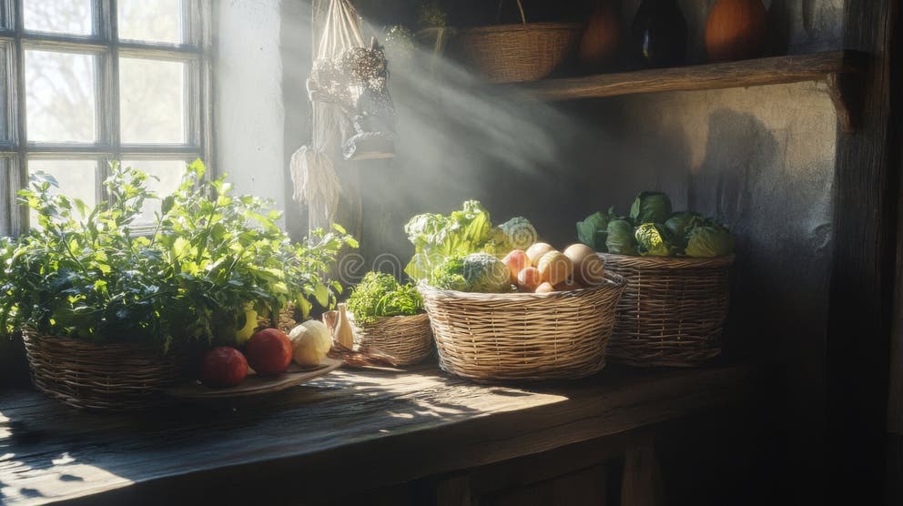Sunlit Rustic Kitchen Windowsill with Fresh Produce Stock Illustration ...