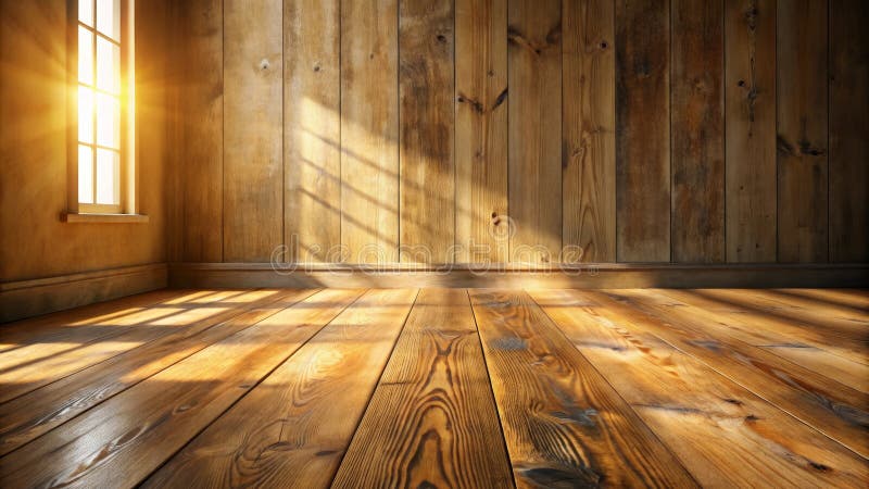 Sunlit Rustic Room Interior with Wooden Walls and Floor. Generative AI Stock Illustration ...