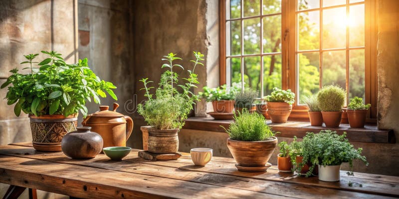 Sunlit Rustic Windowsill Herb Garden with Earthenware Pots. Generative AI Stock Illustration ...