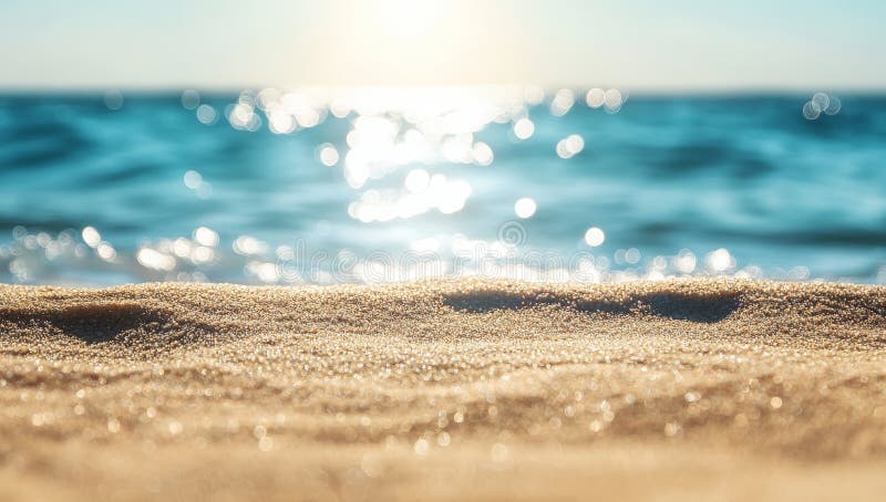 Sunlit Sandy Beach with Sparkling Ocean Waves and Blue Sky in the ...