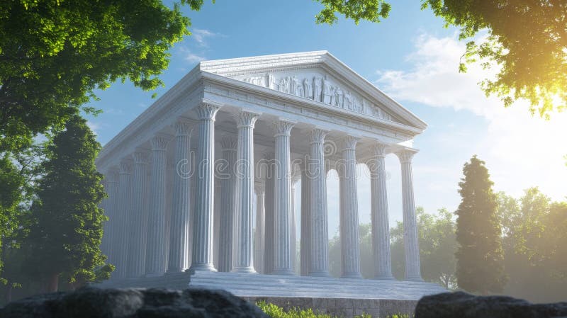 A Sunlit Scene of an Ancient Greek Temple with Columns and Surrounding ...