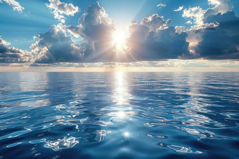 Sunlit Seascape: Beautiful Ocean View with Rays of Sunlight Reflec ...