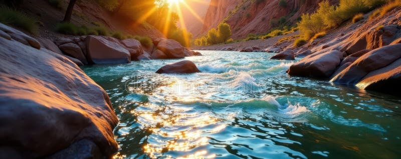 Sunlit, Shallow Section of Colorado River Rapids Reveals Smooth, Wet ...