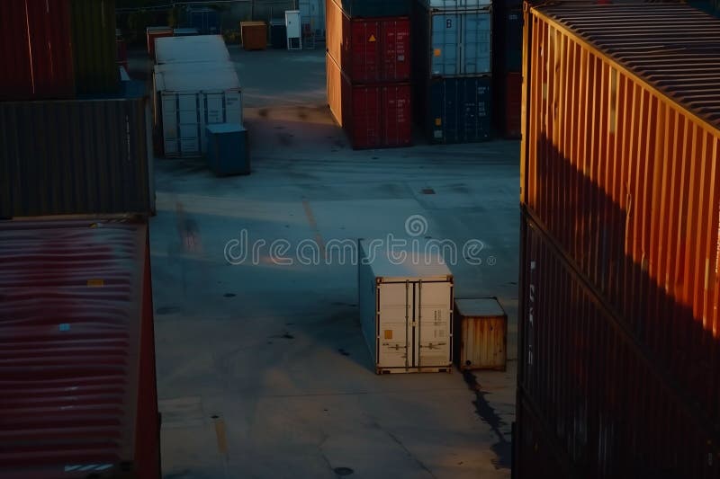 Sunlit Shipping Container Yard with Stacked Containers and Shadows ...